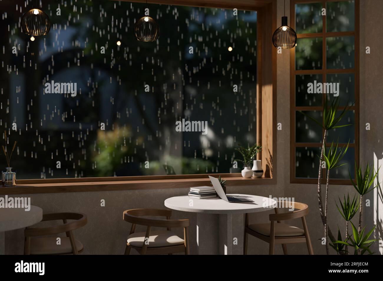 A beautiful and cozy coffee shop or restaurant with a table against the ...