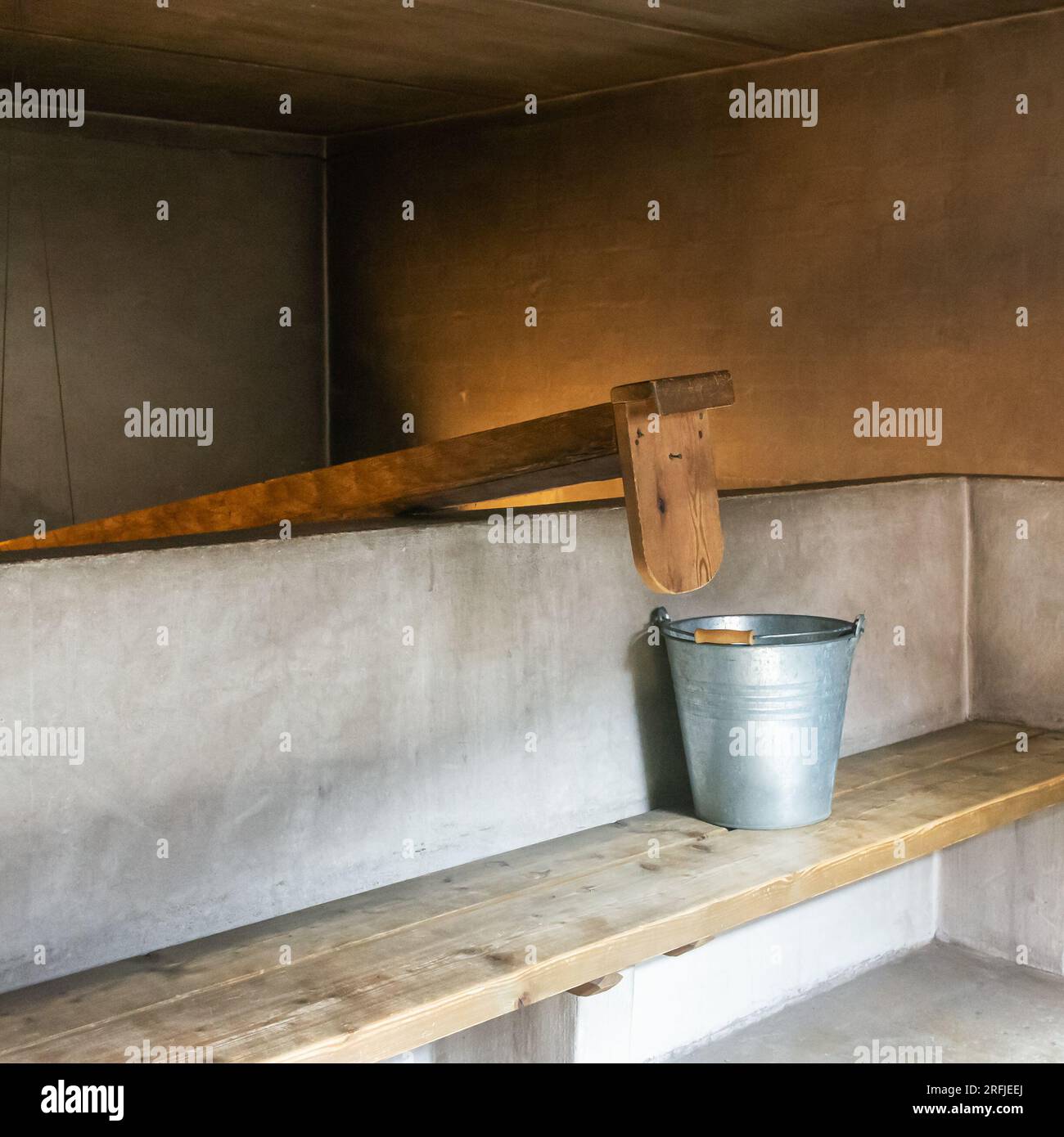 Tin buckets in the sauna steam room of Amuri Museum of historic housing ...
