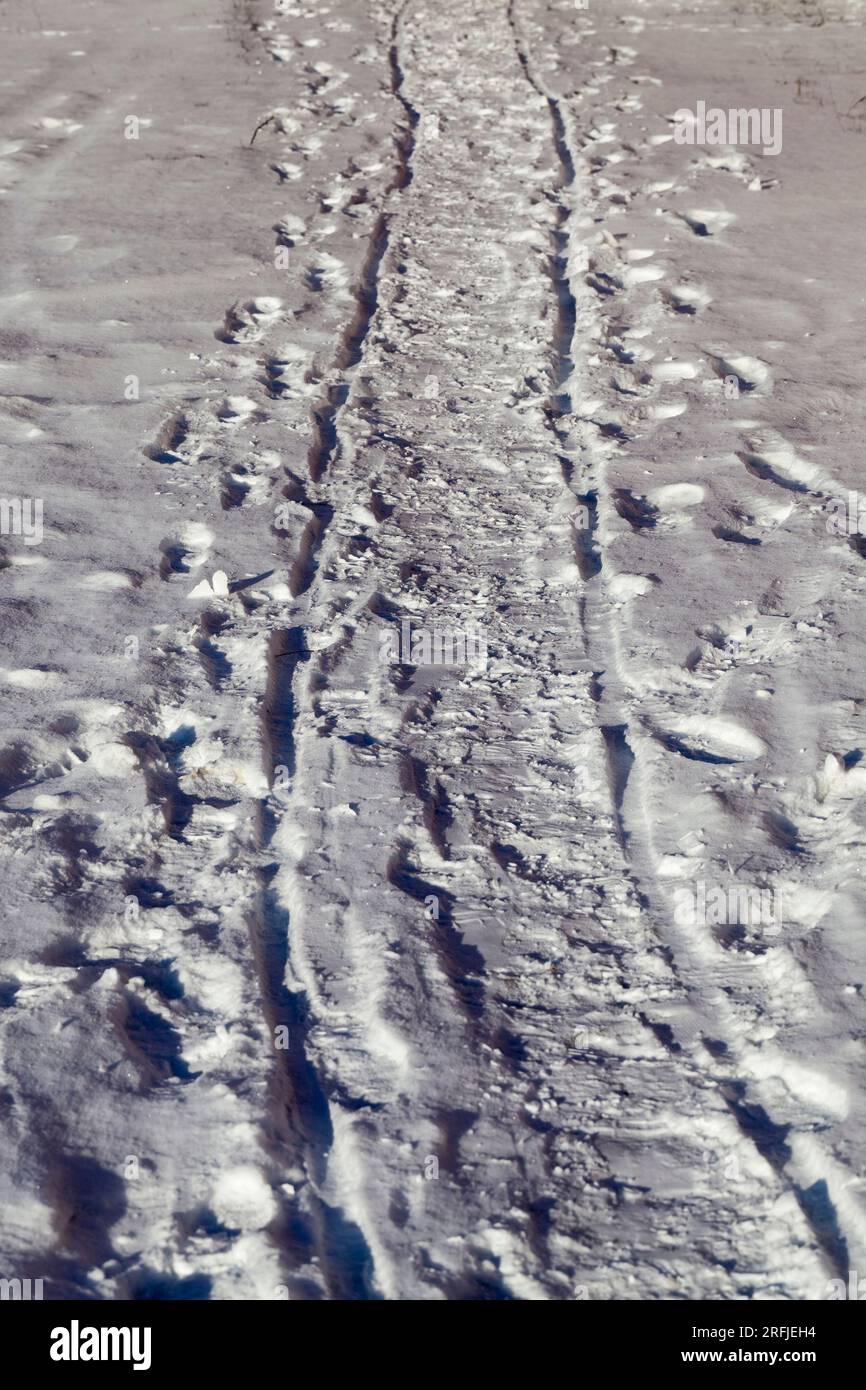 snow that fell during a snowfall on the road, road in the winter season ...