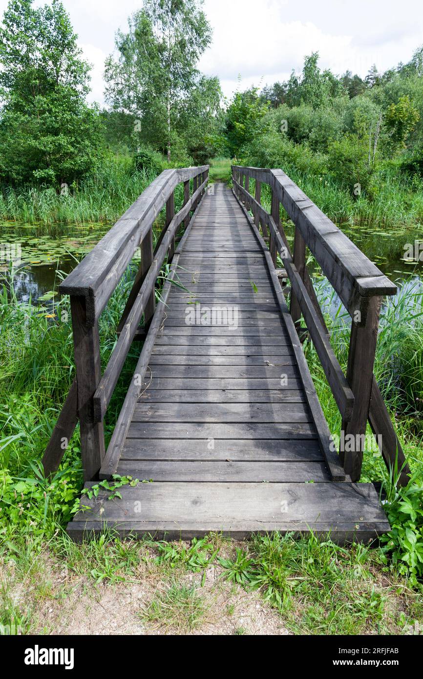 a bridge between small islands on the lake, old wooden bridge built on ...