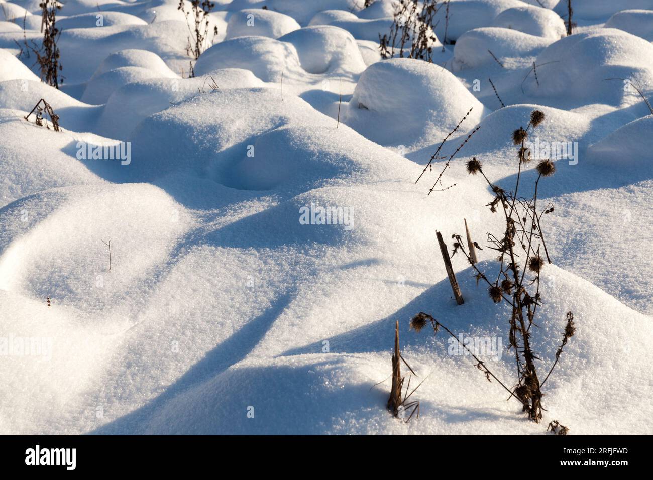 large snowdrifts after snowfalls and blizzards, the winter season with ...