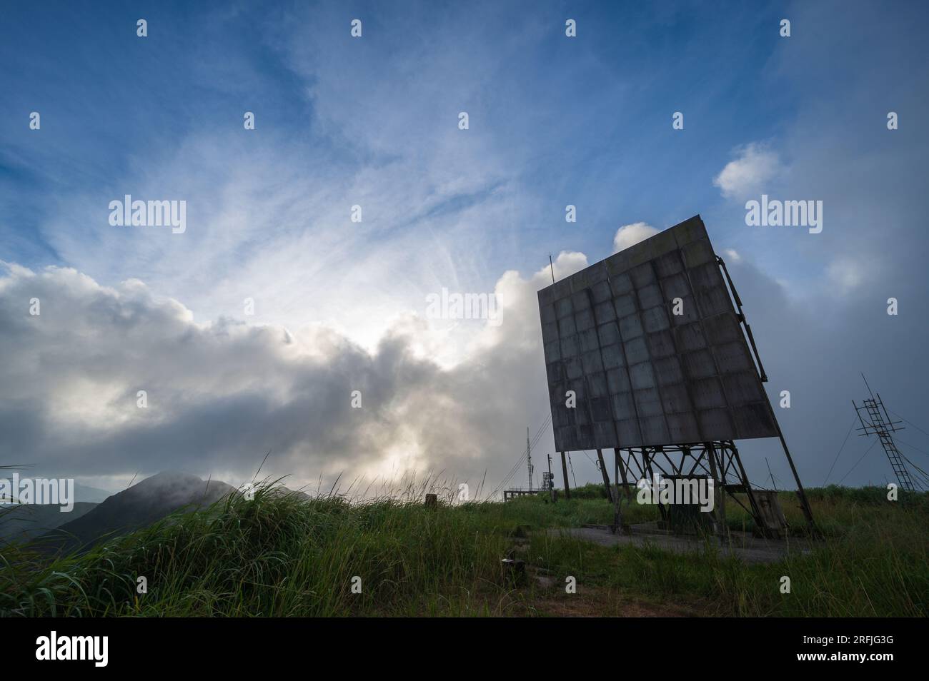 Abandoned antenna equipment at a radar station. Long exposure shot at ...