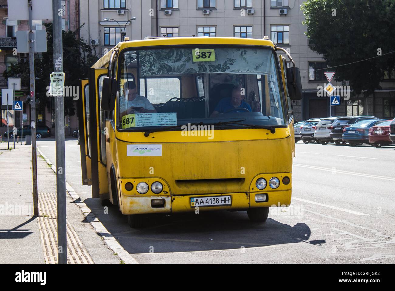 Kyiv, Ukraine - August 01, 2023 Local bus rolling in downtown Kyiv ...