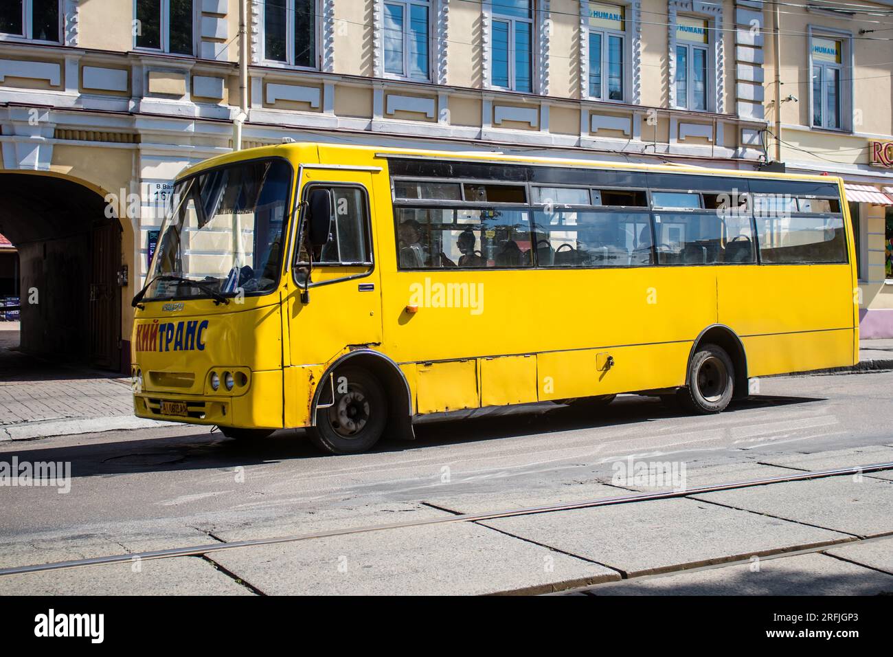 Kyiv, Ukraine - August 01, 2023 Local bus rolling in downtown Kyiv ...