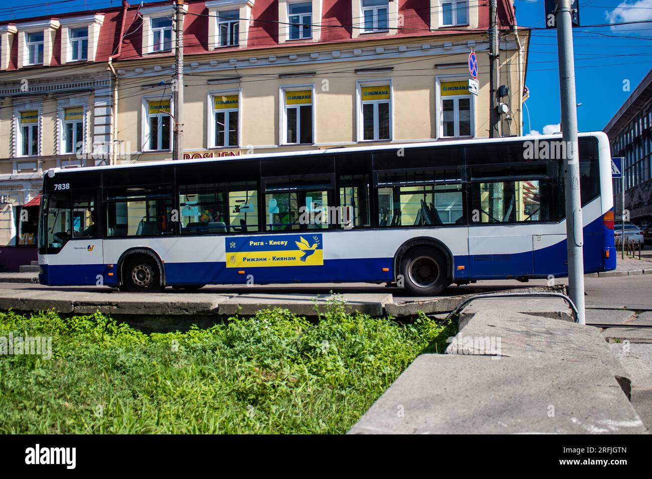 Kyiv, Ukraine - August 01, 2023 Local bus rolling in downtown Kyiv ...