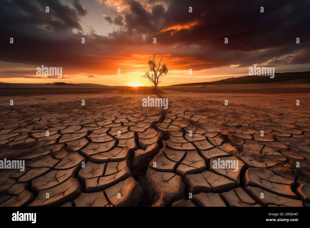 Dry land with tree at sunset. Global warming, climate change concept ...