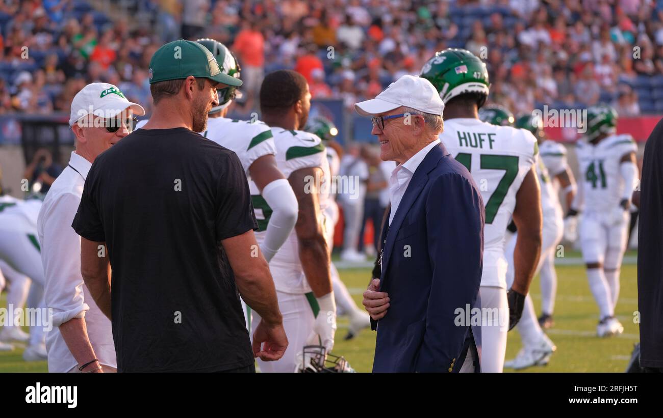 Canton, Ohio, USA. 3rd Aug, 2023. Aaron Rodgers #8 and Jets Owner Woody ...