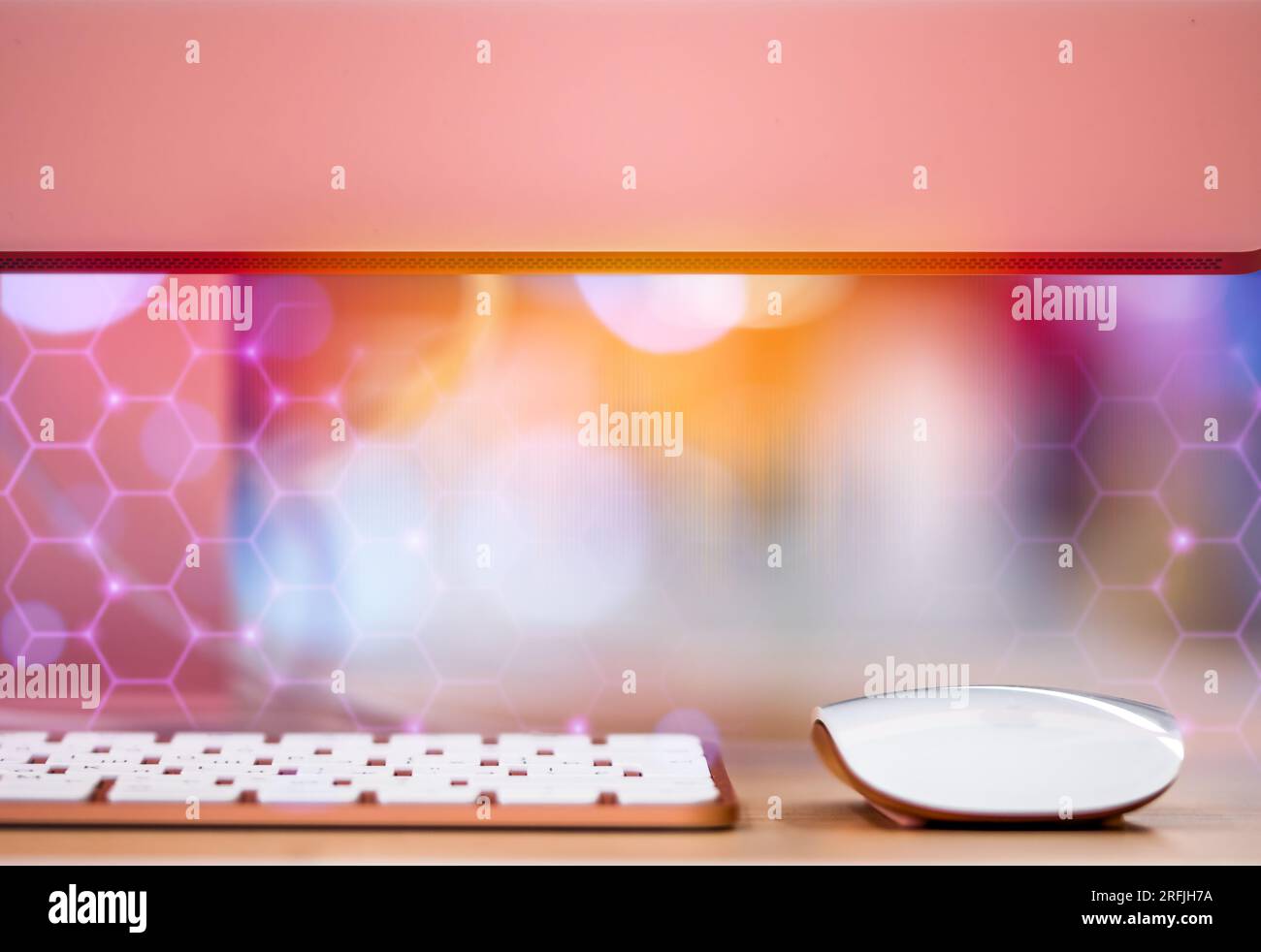 Workspace with keyboard and mouse on wooden desk, with empty space for ...