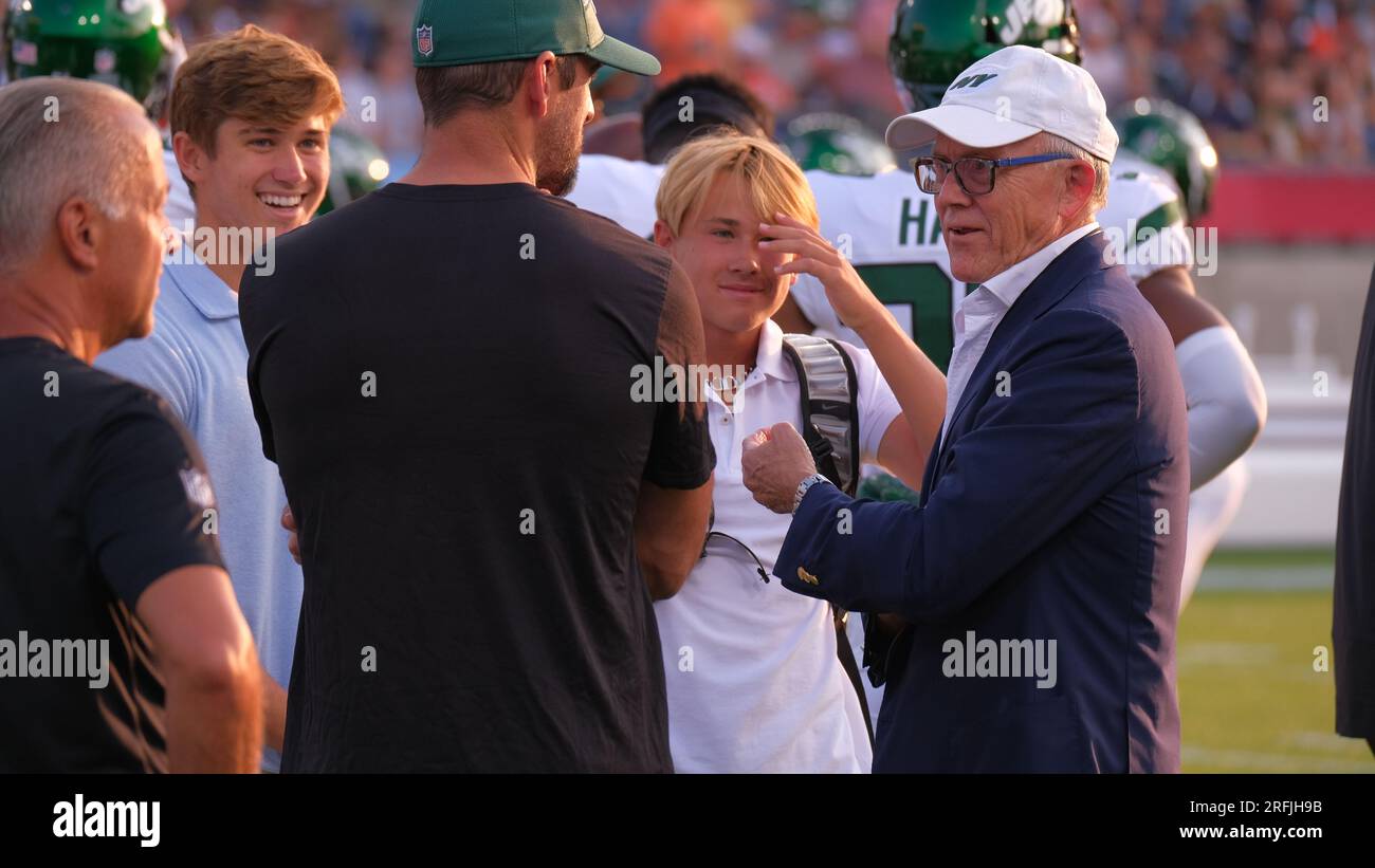 Canton, Ohio, USA. 3rd Aug, 2023. Aaron Rodgers #8 and Jets Owner Woody ...