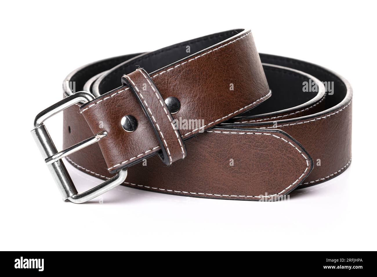 Rolled men's leather belt with metal buckle isolated on white Stock ...