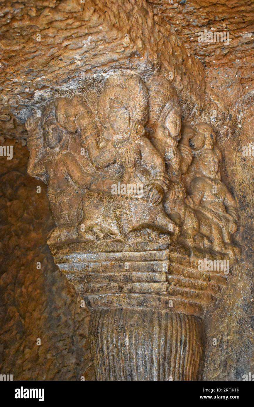 Sculptures on the top left pillar of Vihara Cave No. 20 with rock-cut ...