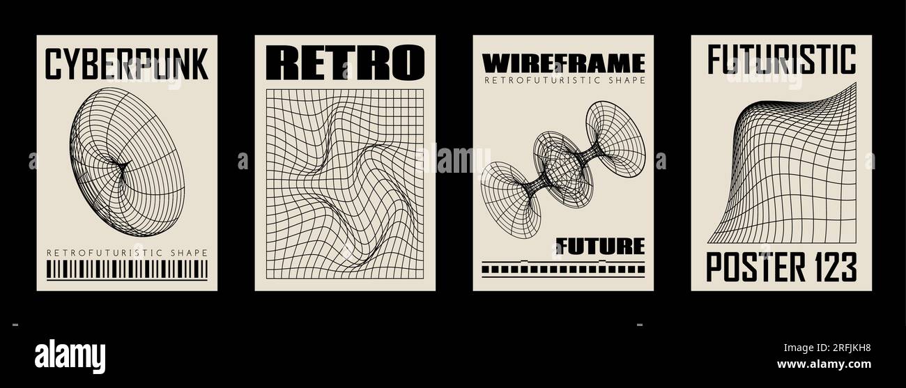 Retro futuristic abstract geometric y2k posters, wall art, t-shirt prints, banners. Wireframe 3d ...