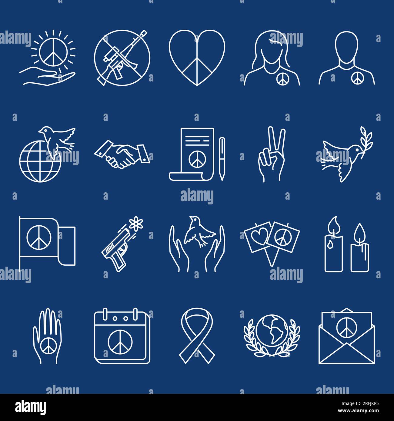 Peace and love line icon set. Pacifism, dove of peace, disarmament ...