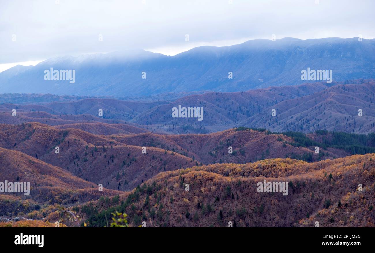 Greece Pindus misty mountain range. Panoramic view of mountain ...