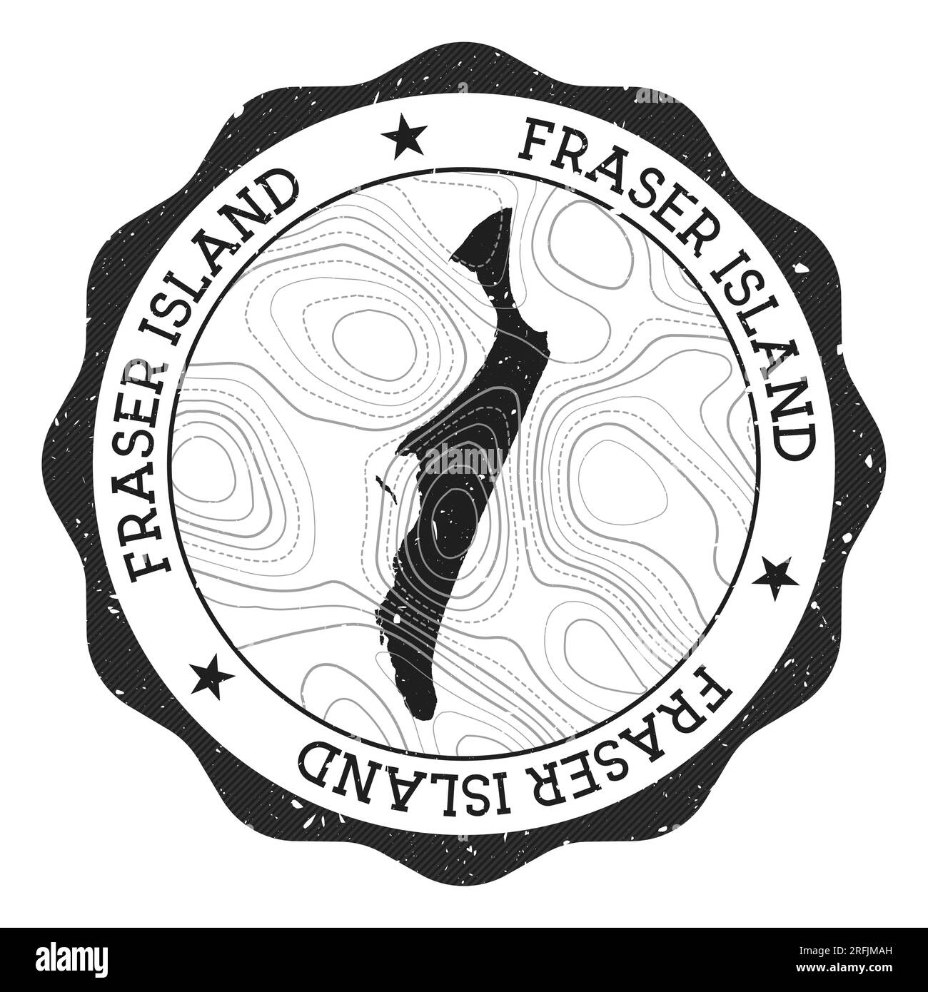 Fraser Island outdoor stamp. Round sticker with map with topographic ...