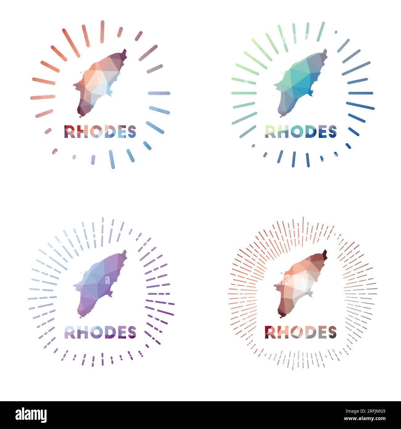 Rhodes low poly sunburst set. Logo of island in geometric polygonal ...