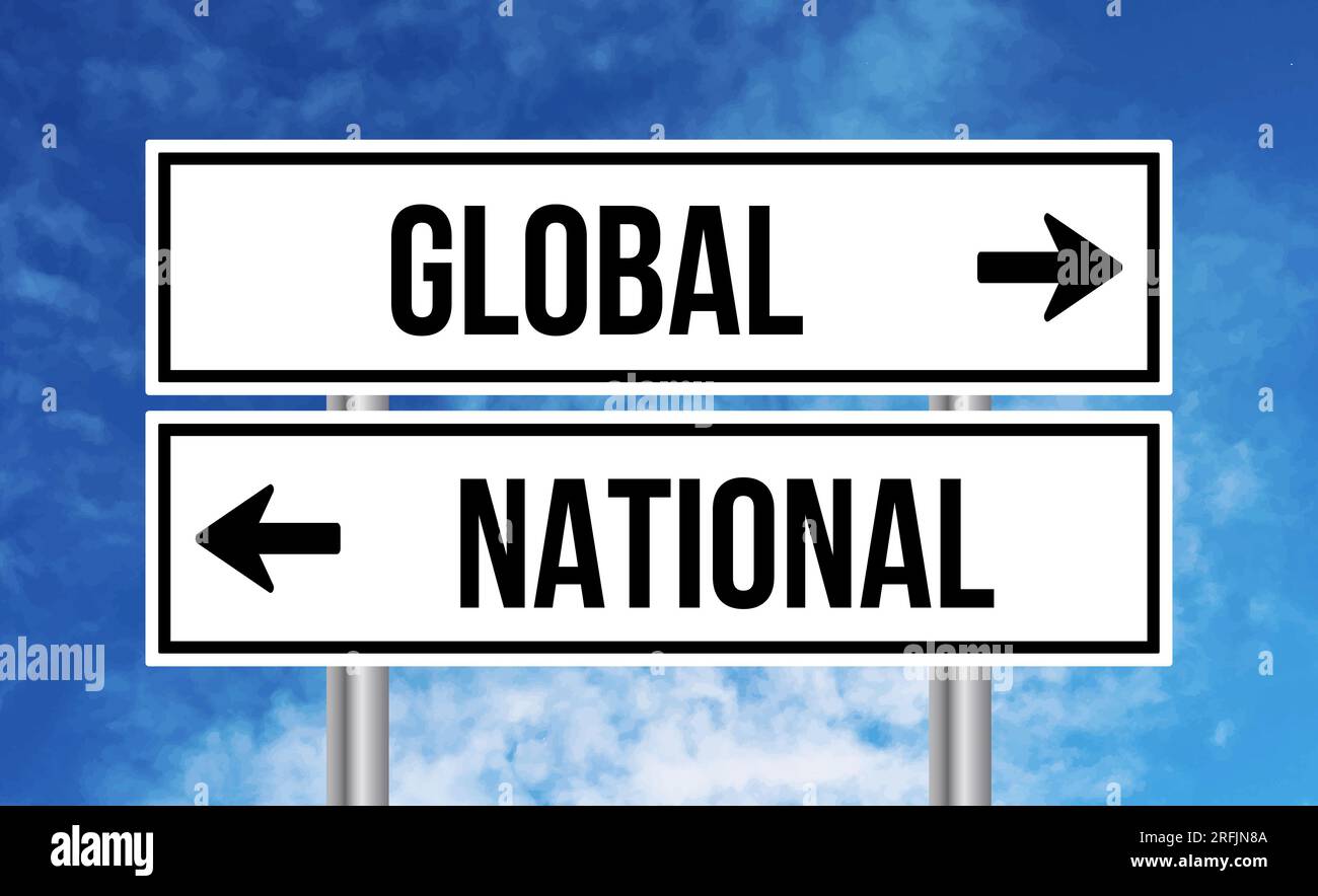 Global or national road sign on sky background Stock Photo - Alamy