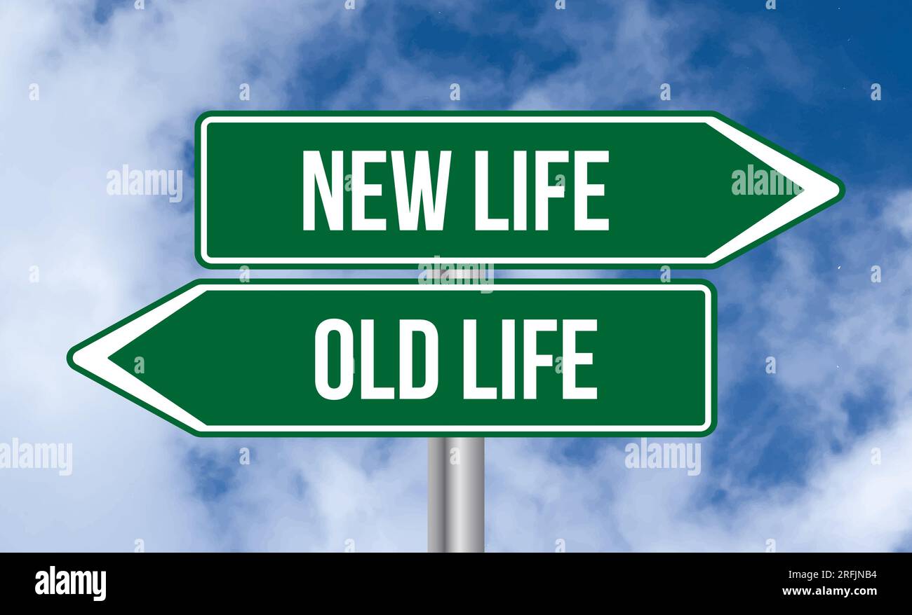 New life or old life road sign on blue sky background Stock Photo - Alamy