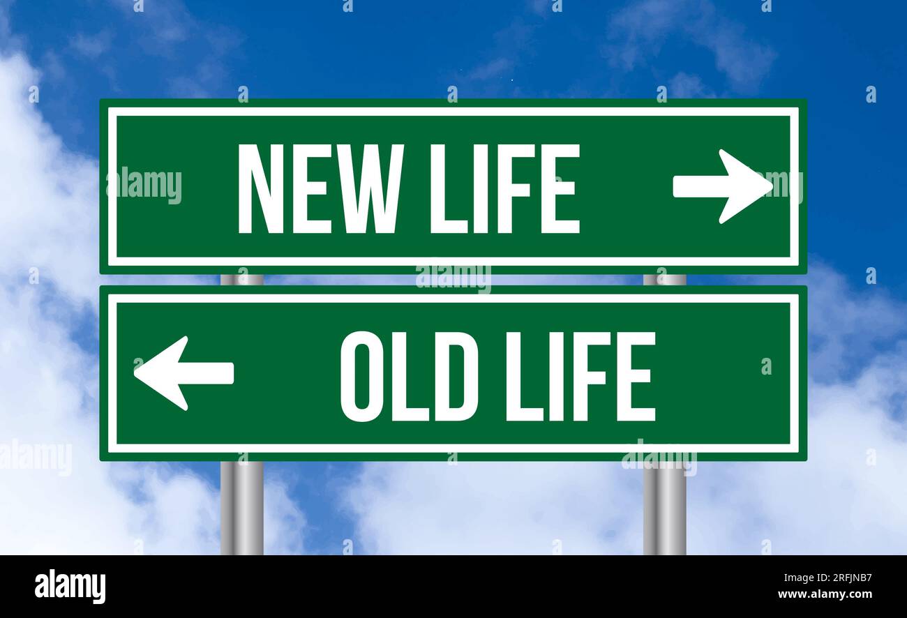 New life or old life road sign on blue sky background Stock Photo - Alamy