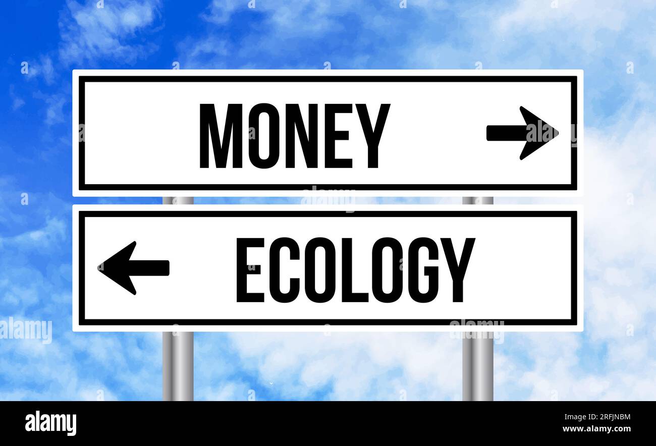 Money or ecology road sign on sky background Stock Photo - Alamy