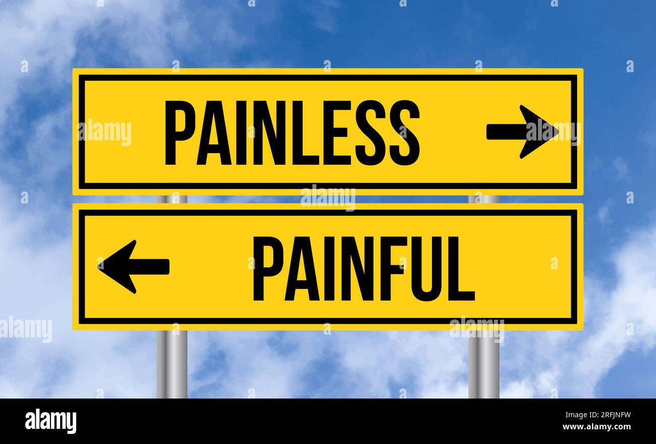 Painless or painful road sign on cloudy sky background Stock Photo - Alamy