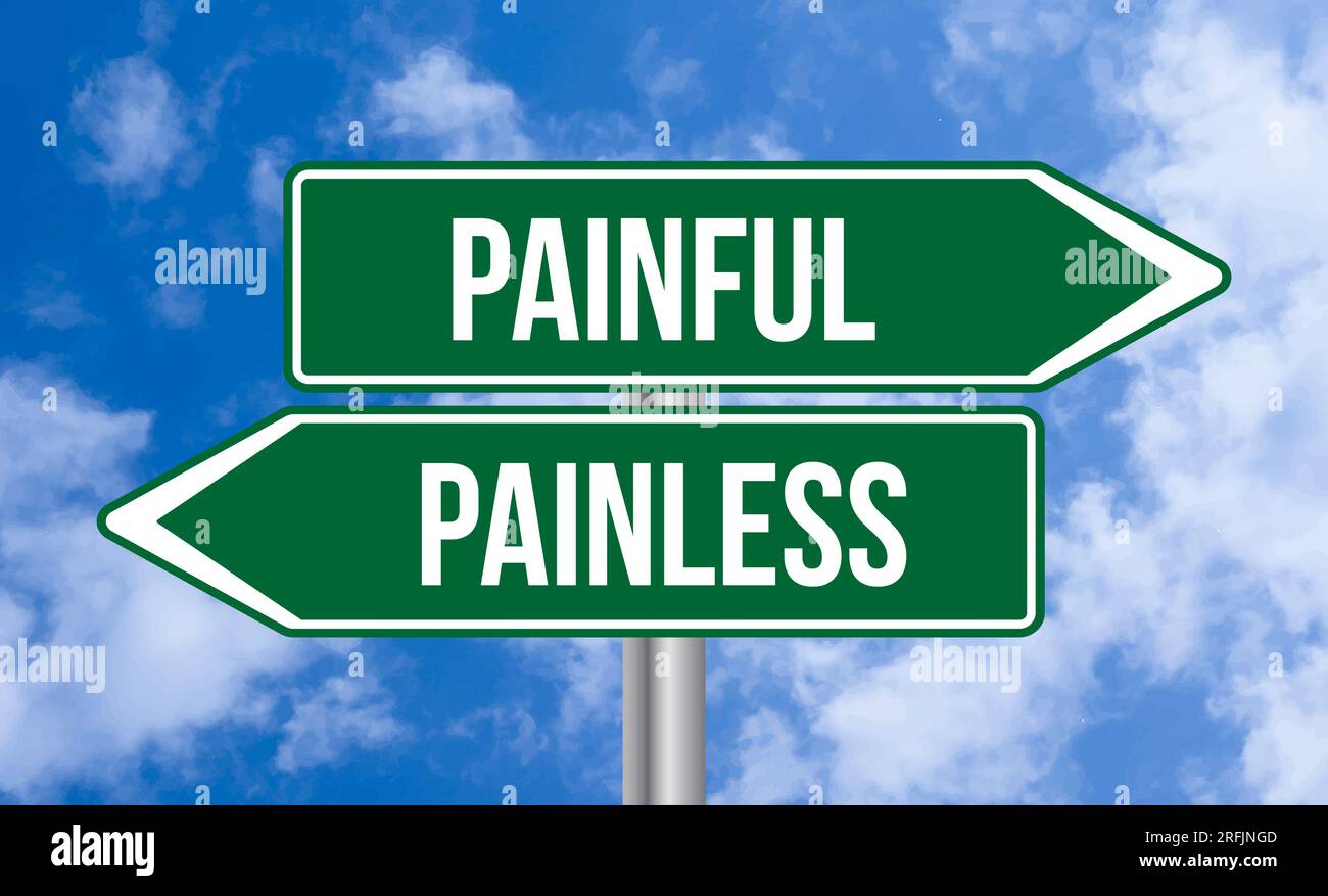 Painful or painless road sign on cloudy sky background Stock Photo - Alamy