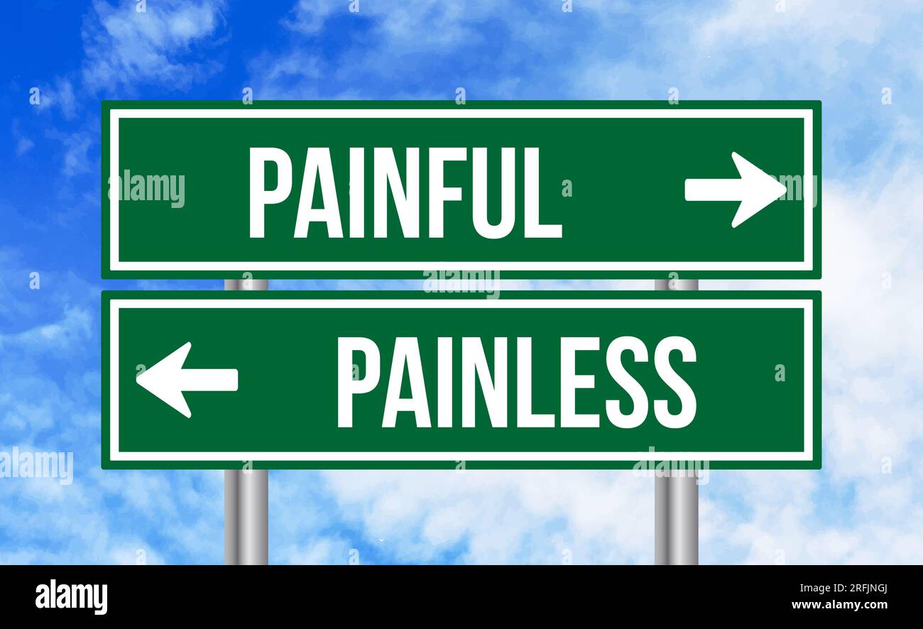 Painful or painless road sign on cloudy sky background Stock Photo - Alamy