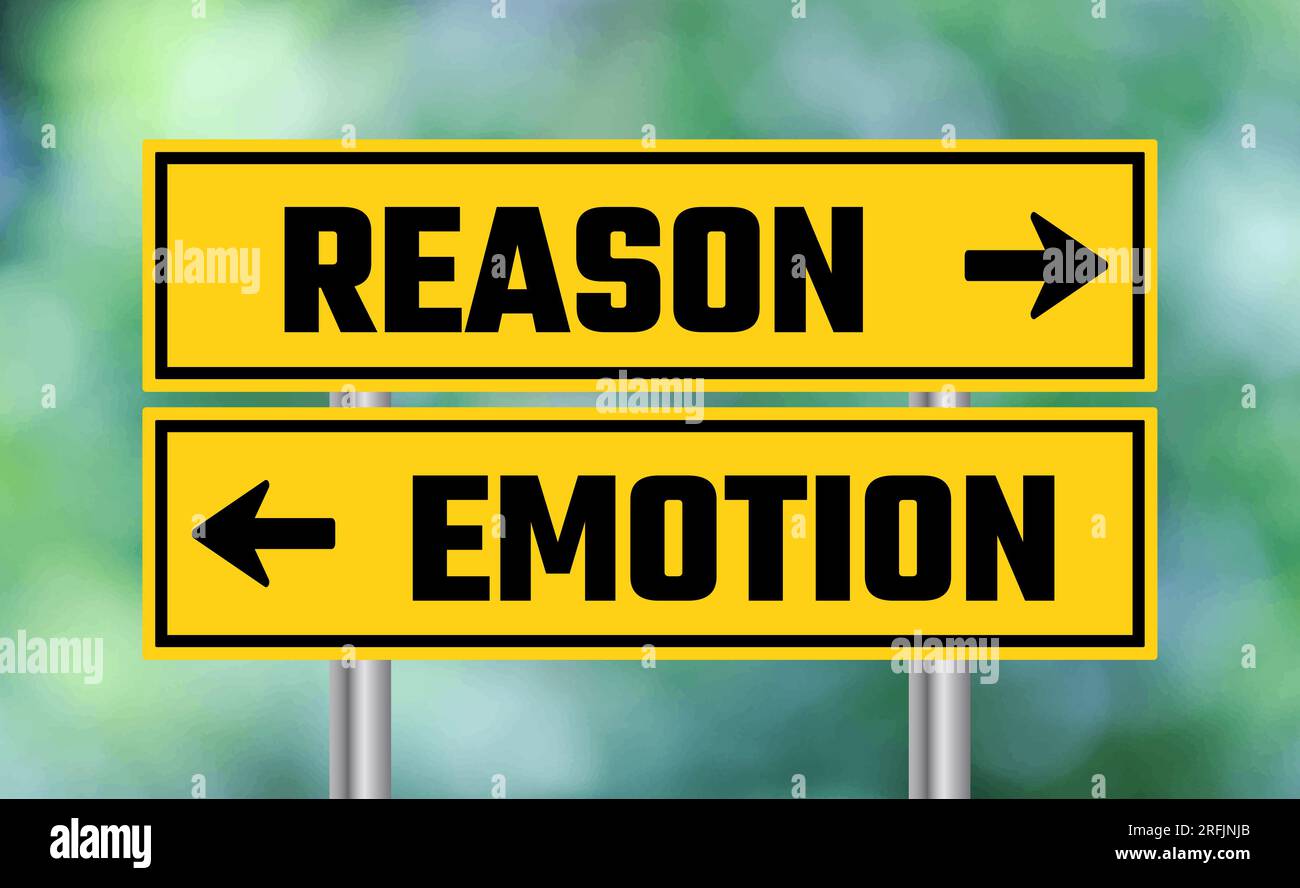 Reason or emotion road sign on blur background Stock Photo - Alamy