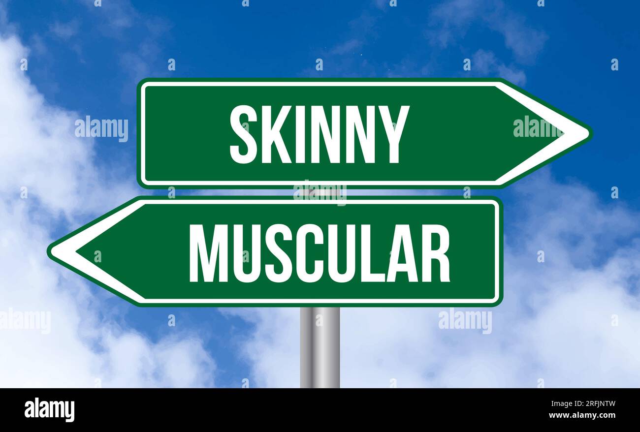 Skinny or muscular road sign on sky background Stock Photo - Alamy