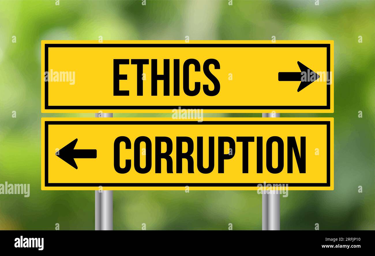 Ethics or corruption road sign on blur background Stock Photo - Alamy