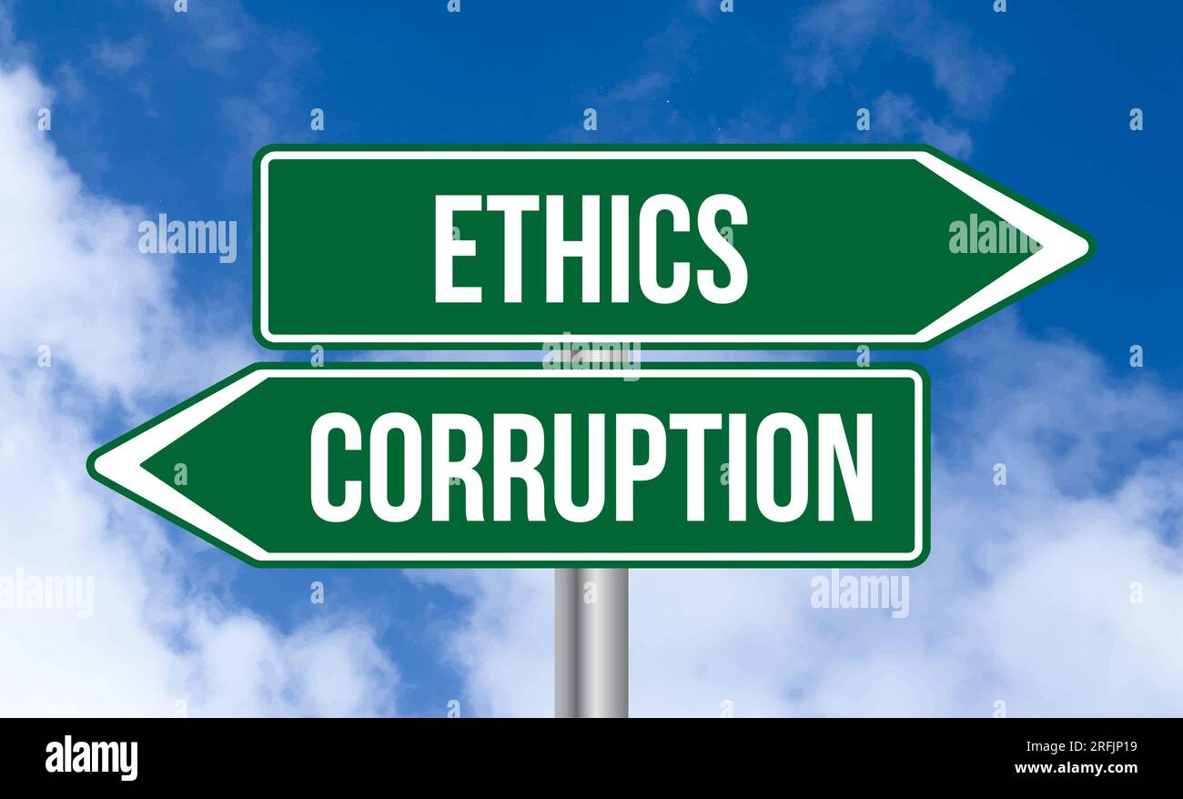 Ethics or corruption road sign on sky background Stock Photo - Alamy
