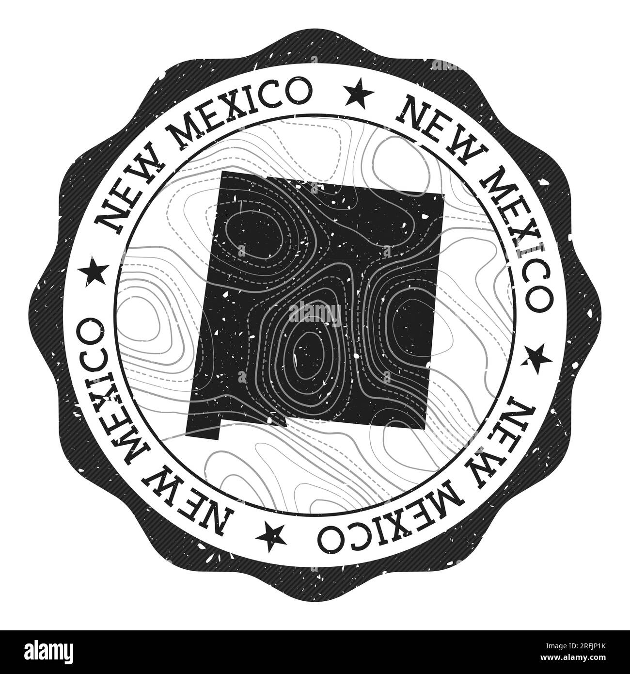New Mexico outdoor stamp. Round sticker with map of US state with ...