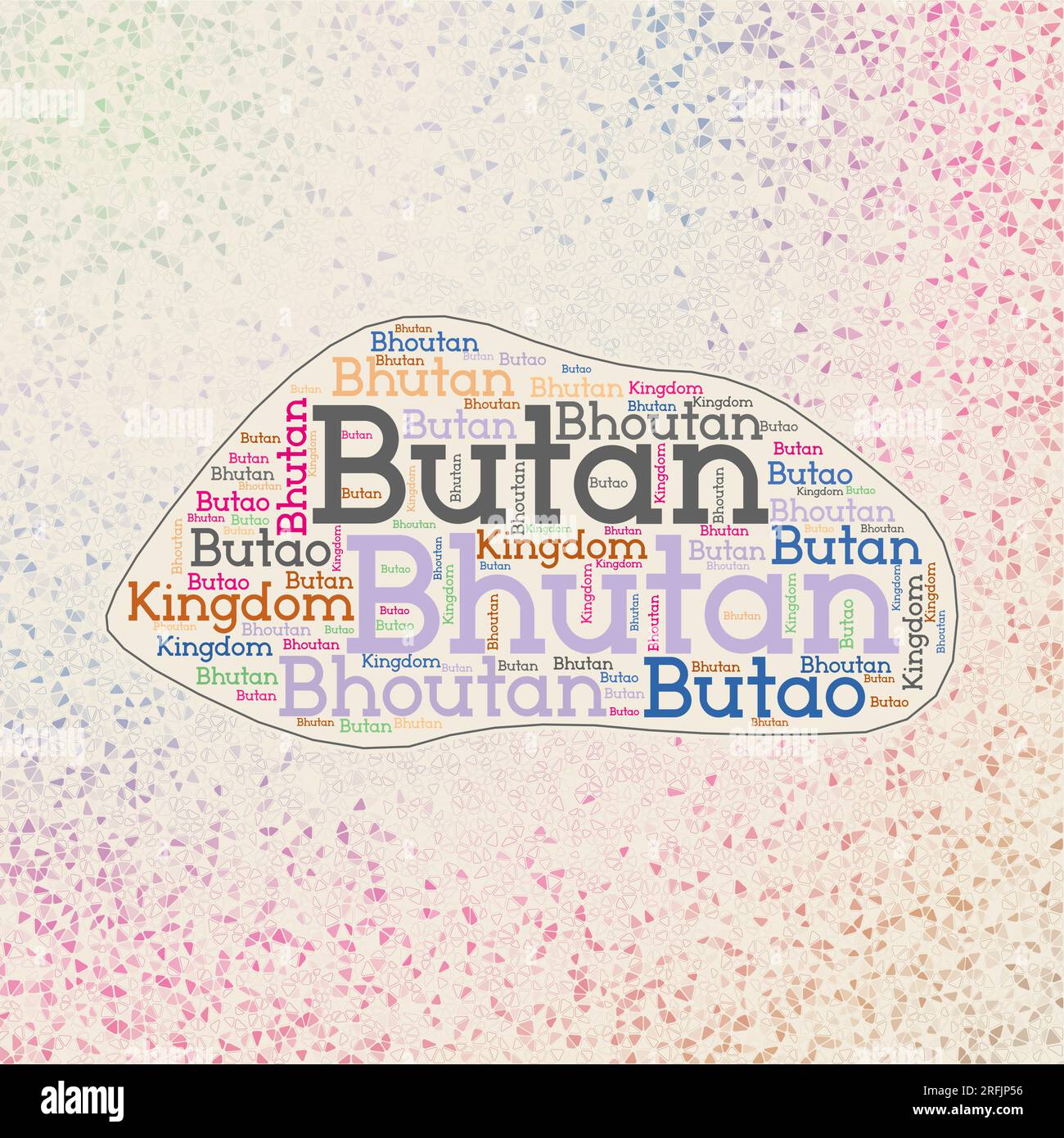 Bhutan shape with country names word cloud in multiple languages ...