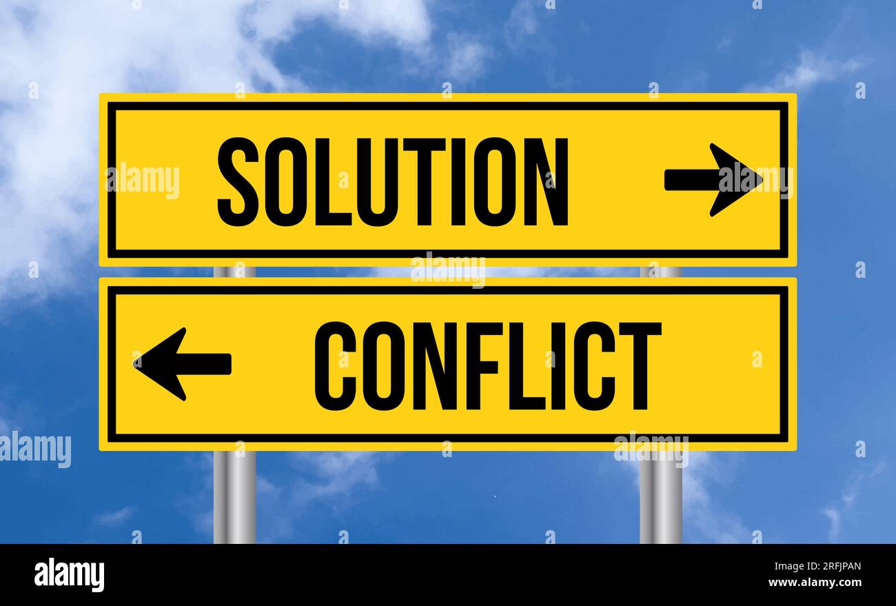 Solution or conflict road sign on blue sky background Stock Photo - Alamy
