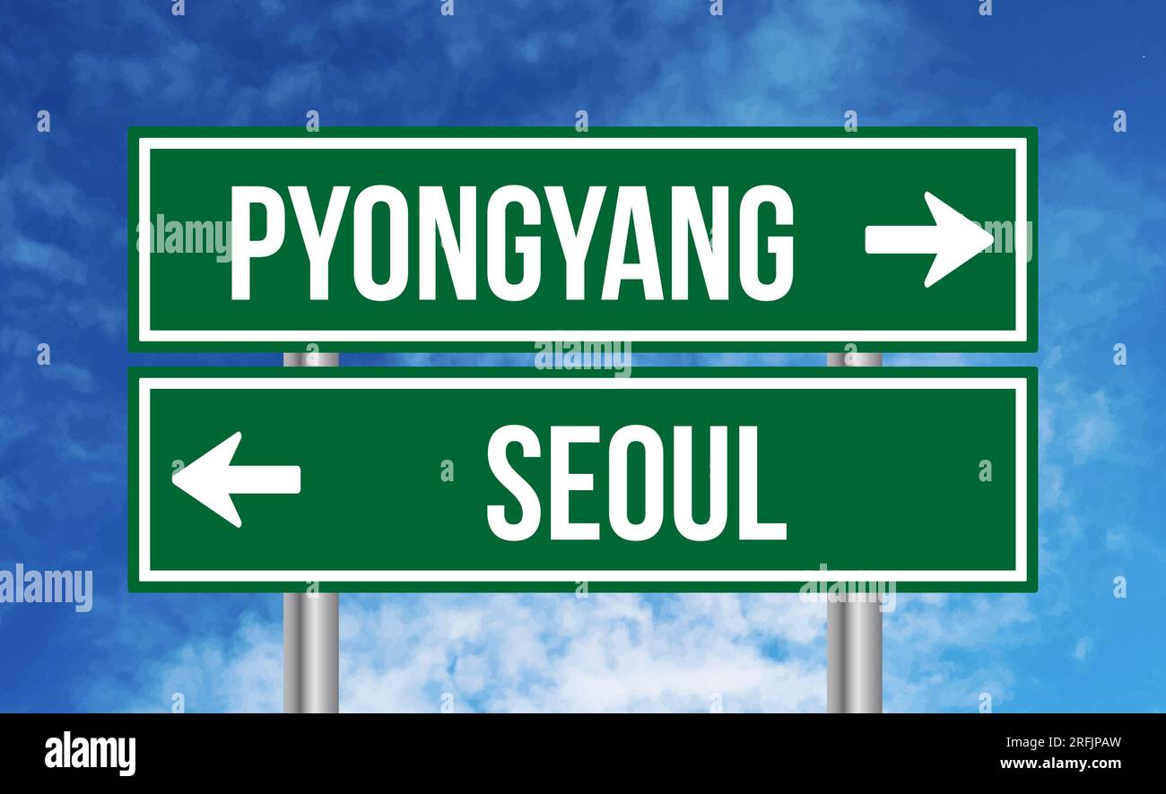 Pyongyang or Seoul road sign on sky background Stock Photo - Alamy