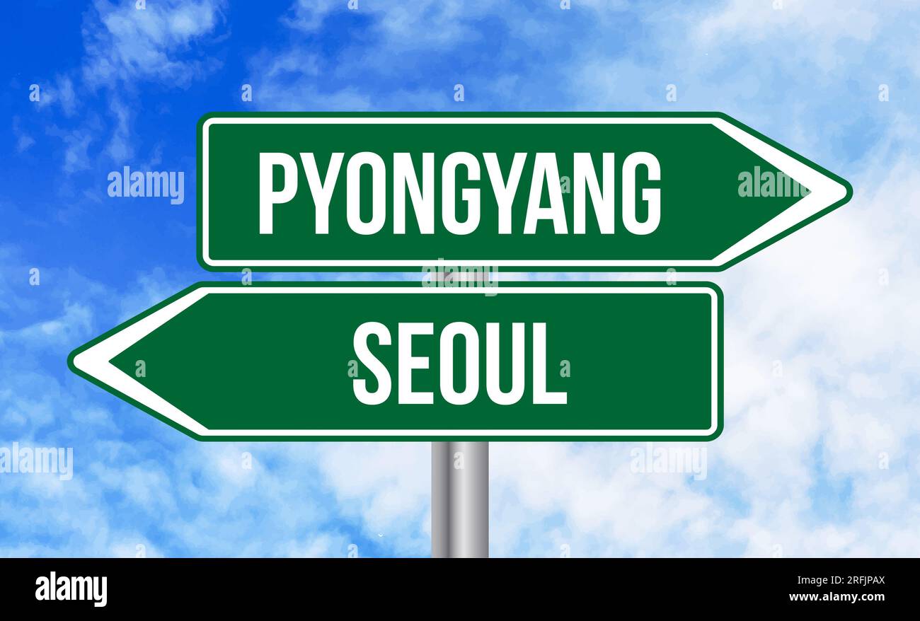 Pyongyang or Seoul road sign on sky background Stock Photo - Alamy