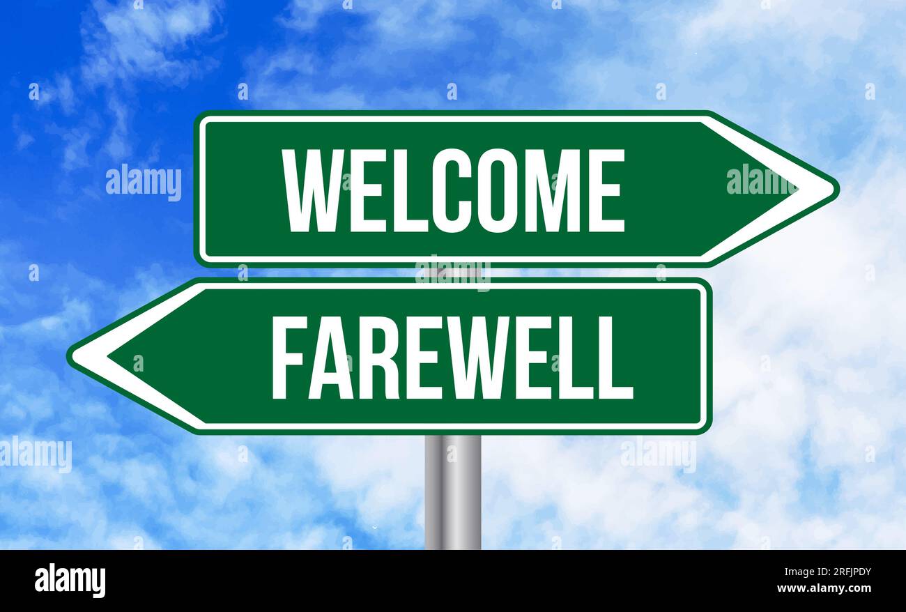 Welcome or farewell road sign on blue sky background Stock Photo - Alamy
