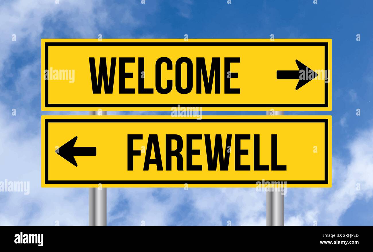 Welcome or farewell road sign on blue sky background Stock Photo - Alamy