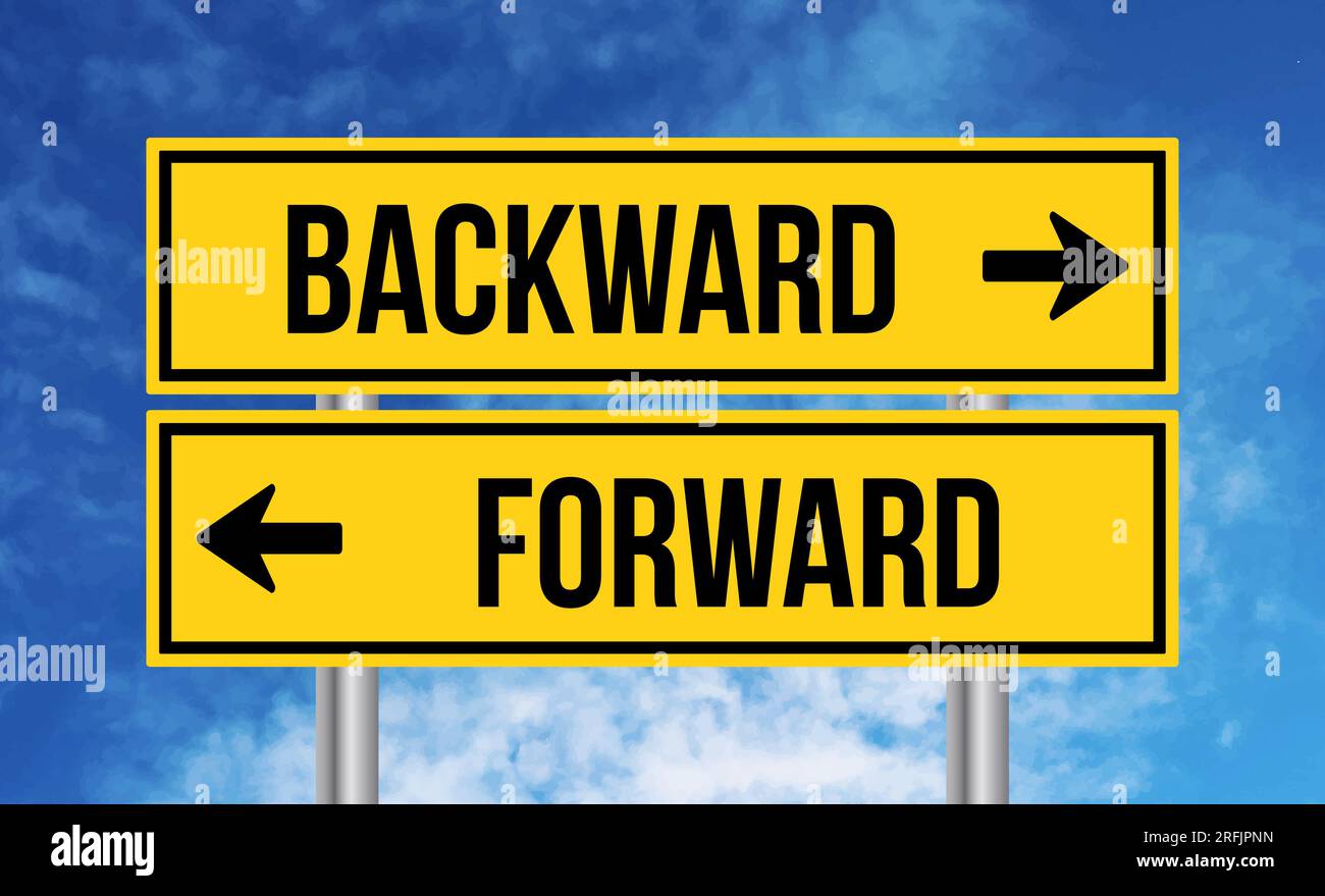 Backward or forward road sign on blue sky background Stock Photo - Alamy
