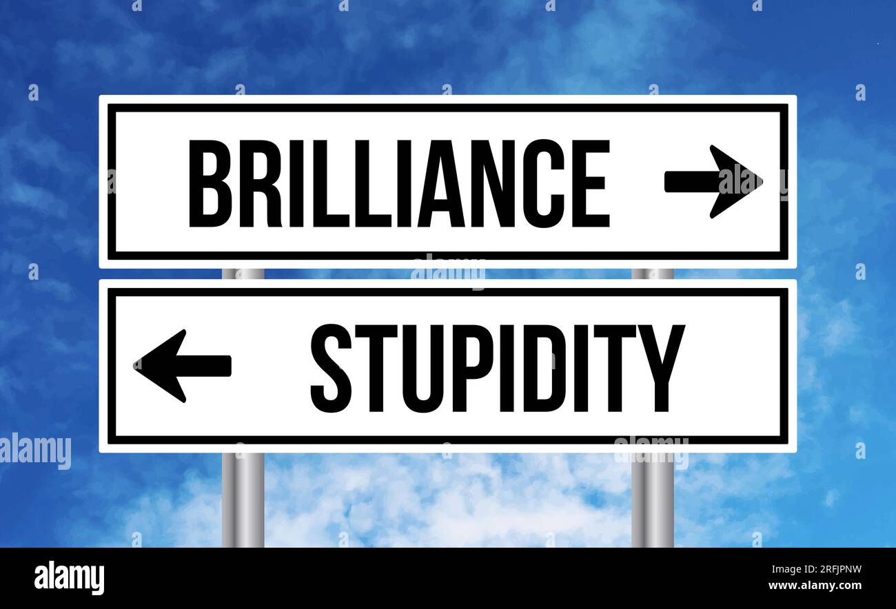 Brilliance or stupidity road sign on cloudy sky background Stock Photo ...