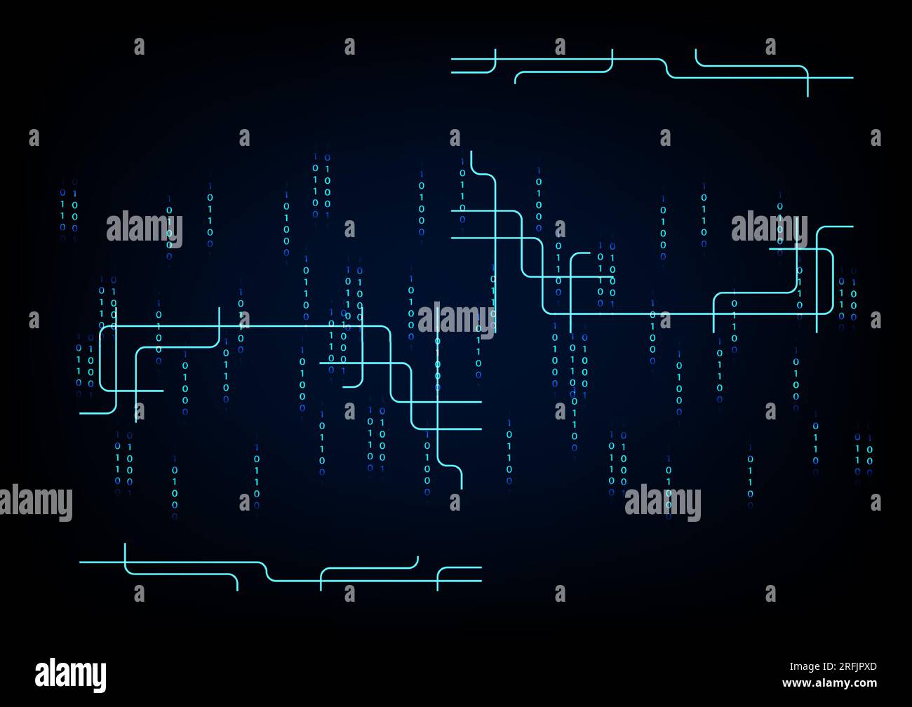 Abstract futuristic digital circuit with the binary bit on a dark blue ...