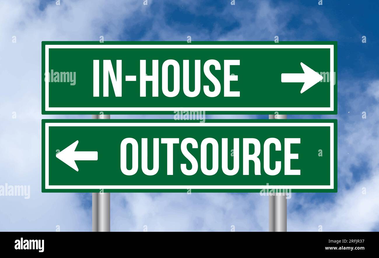 In house or outsource road sign on cloudy sky background Stock Photo ...
