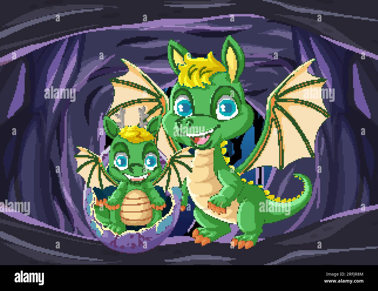 A cartoon illustration of a baby dragon hatching from an egg in a cave ...