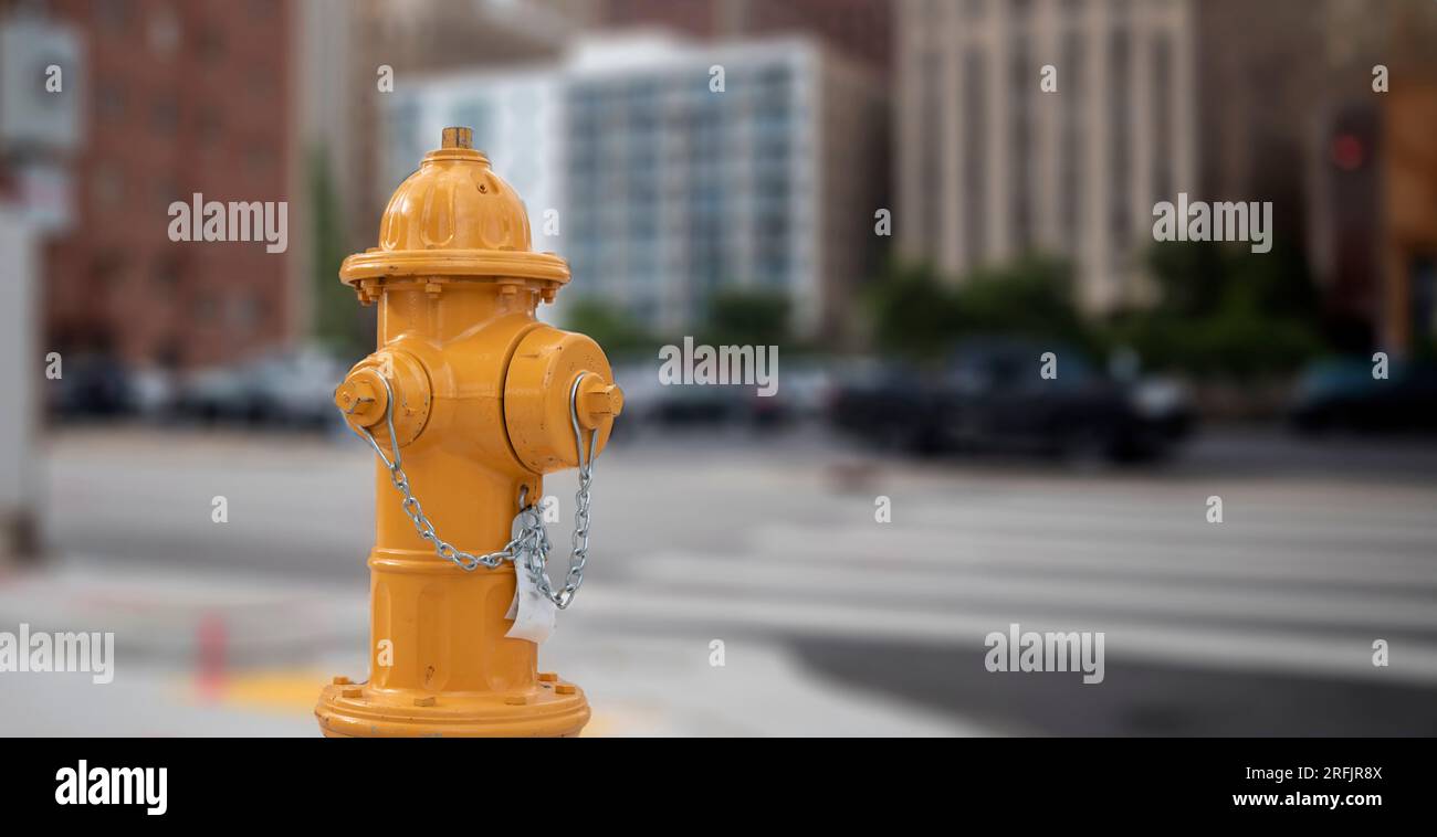 Fire hydrant yellow color in the city center, closeup. Fire fighting ...