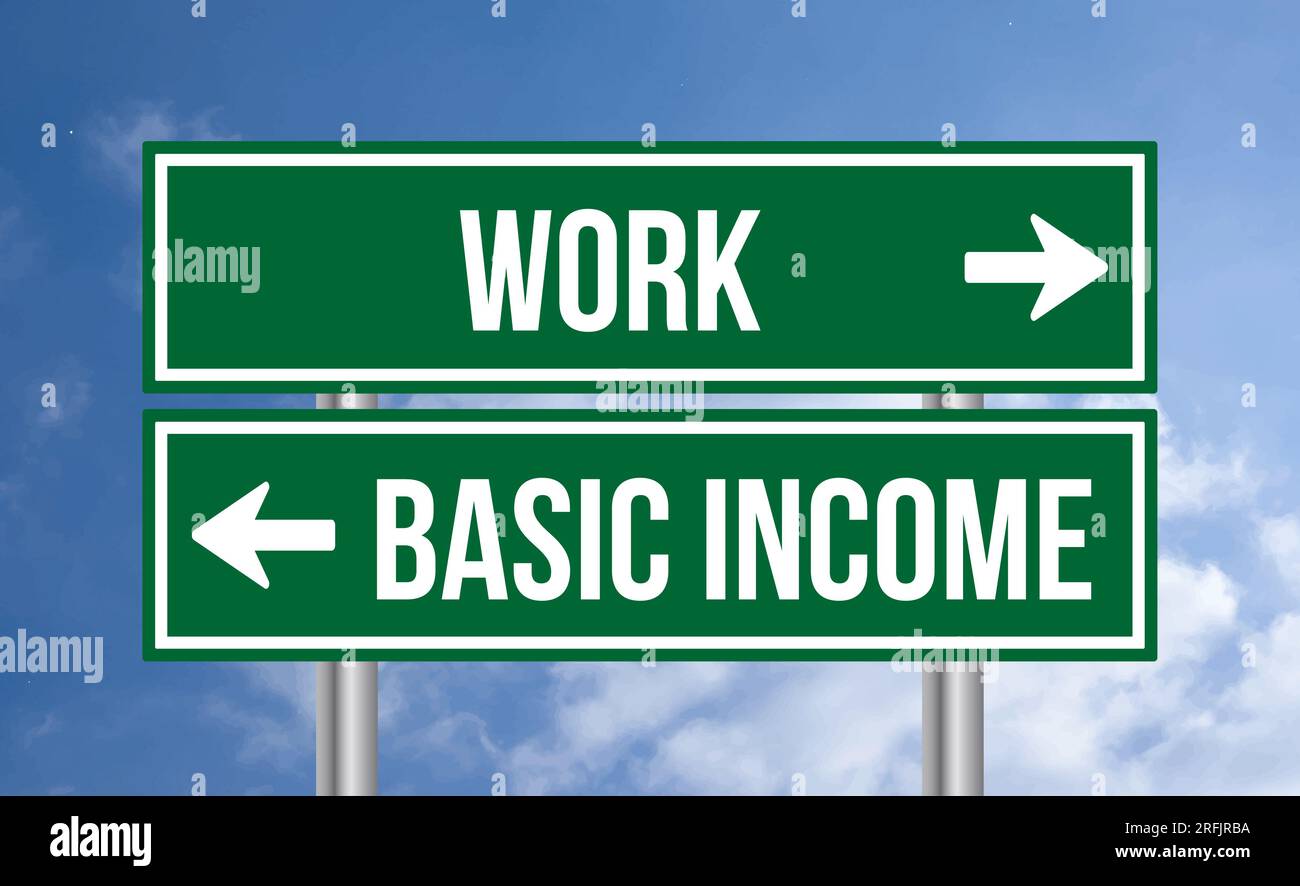 Work or basic income road sign on blue sky background Stock Photo - Alamy
