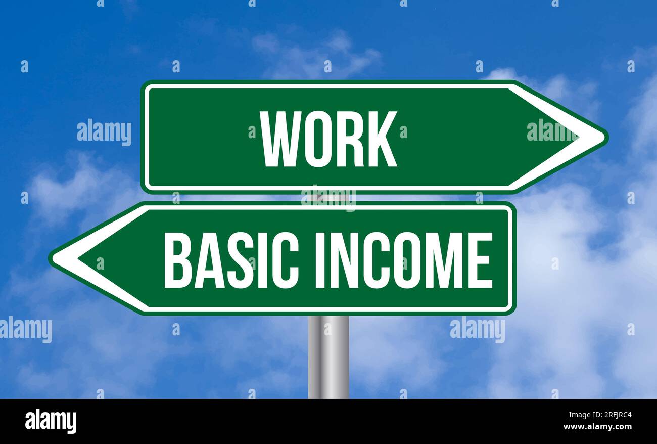 Work or basic income road sign on blue sky background Stock Photo - Alamy