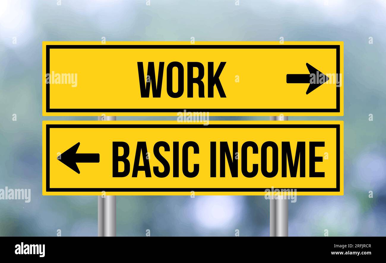 Work or basic income road sign on blur background Stock Photo - Alamy