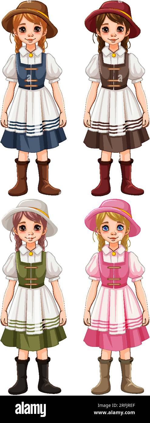Four women wearing traditional German Bavarian outfits in different ...