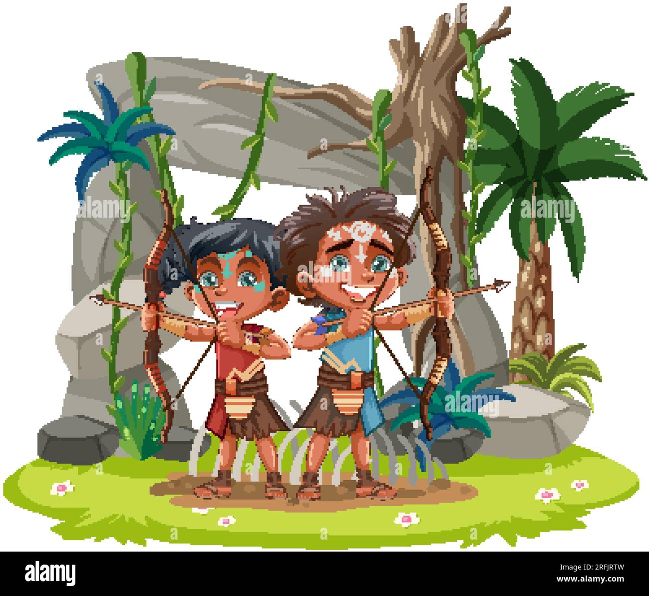 A Vector Cartoon Illustration Of Indigenous People Hunting In A Forest Using Arrows Stock Vector