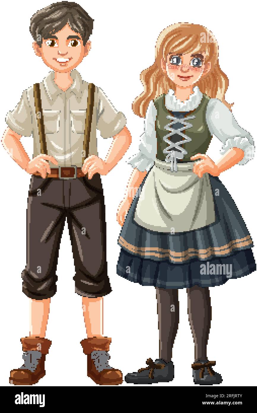A cartoon illustration of a man and woman wearing traditional German ...
